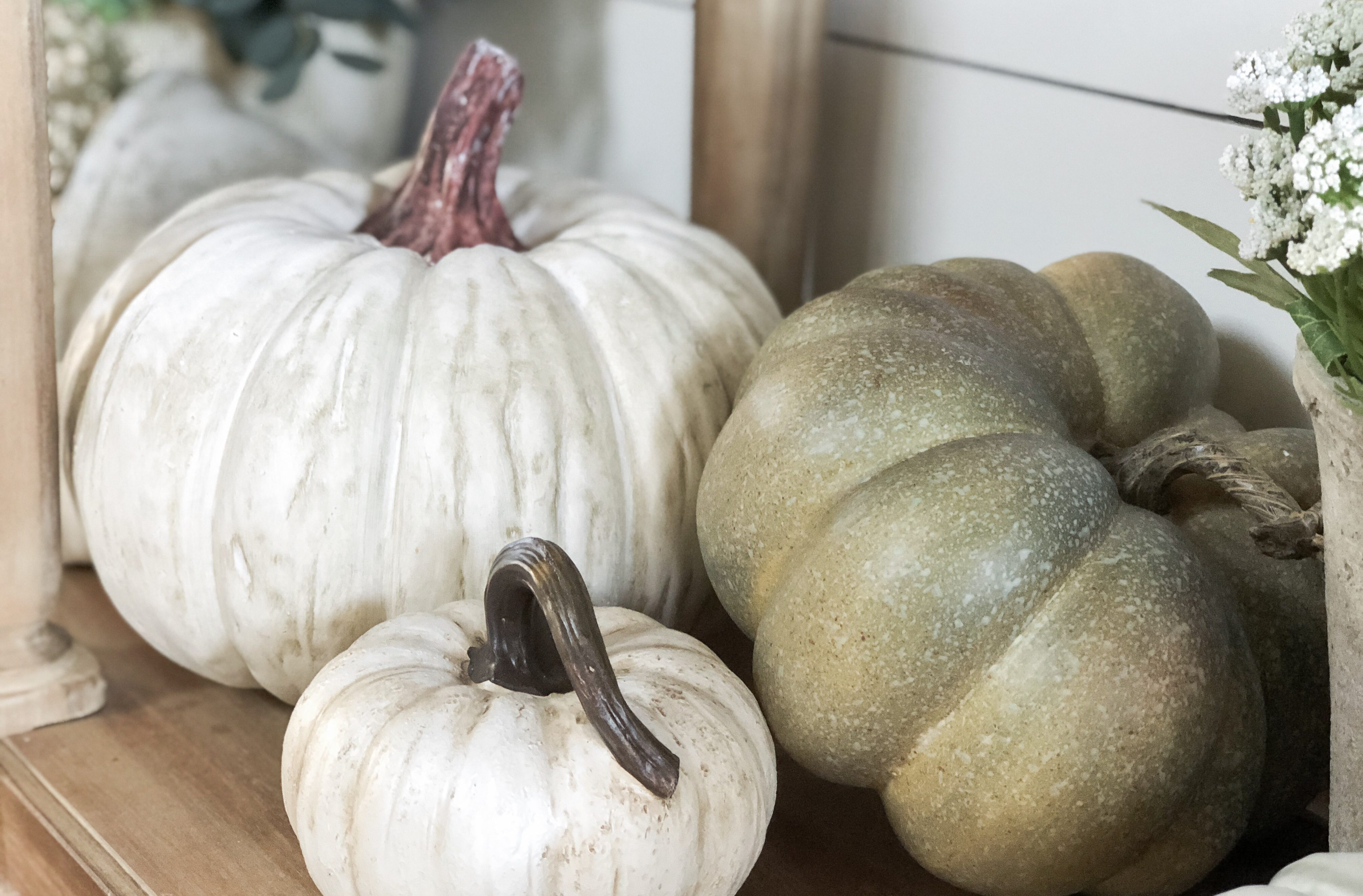 Fall Farmhouse Vignettes with Faux Pumpkins and Greens - Rain and Pine