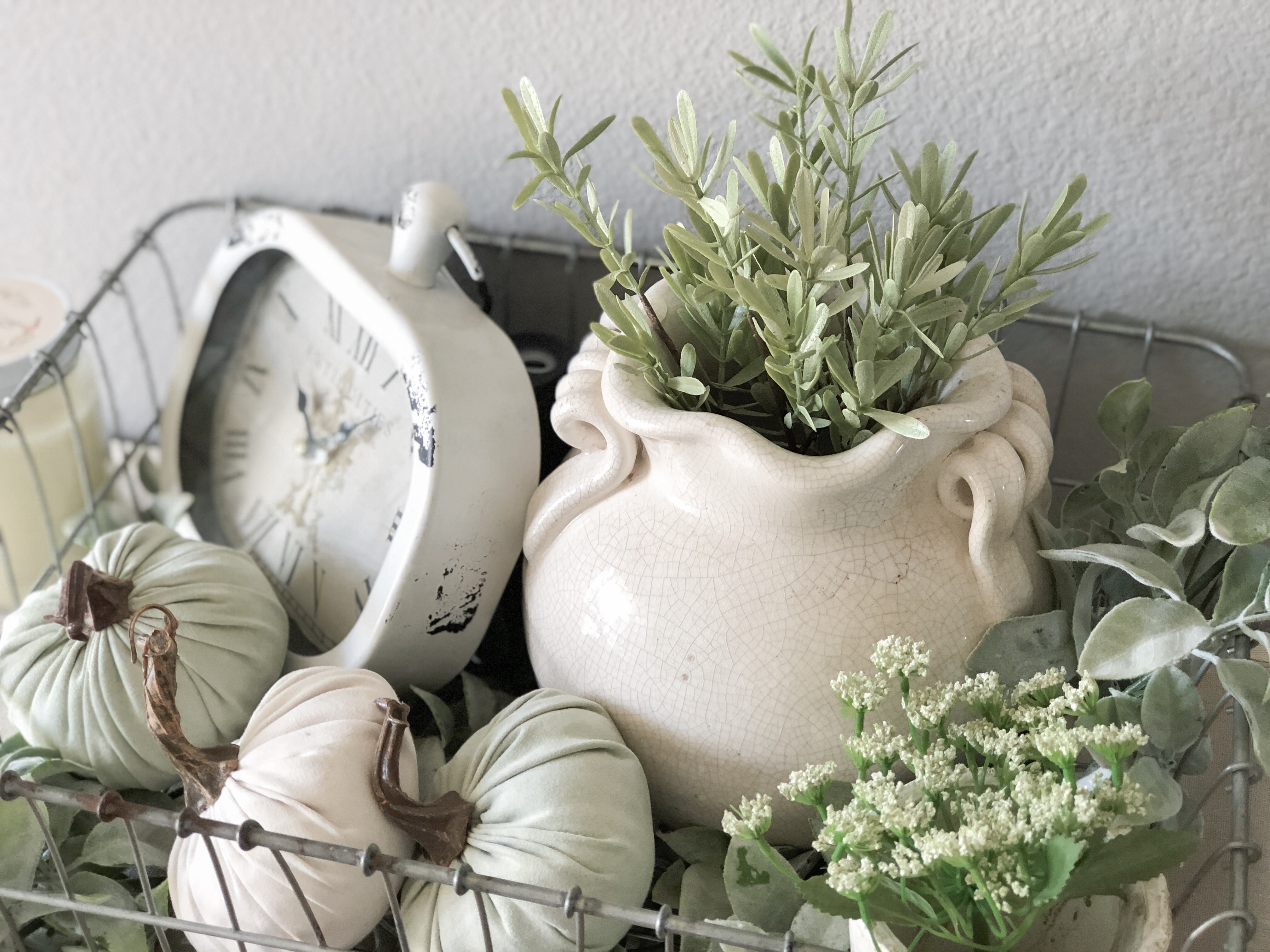 Fall Farmhouse Vignettes with Faux Pumpkins and Greens - Rain and Pine