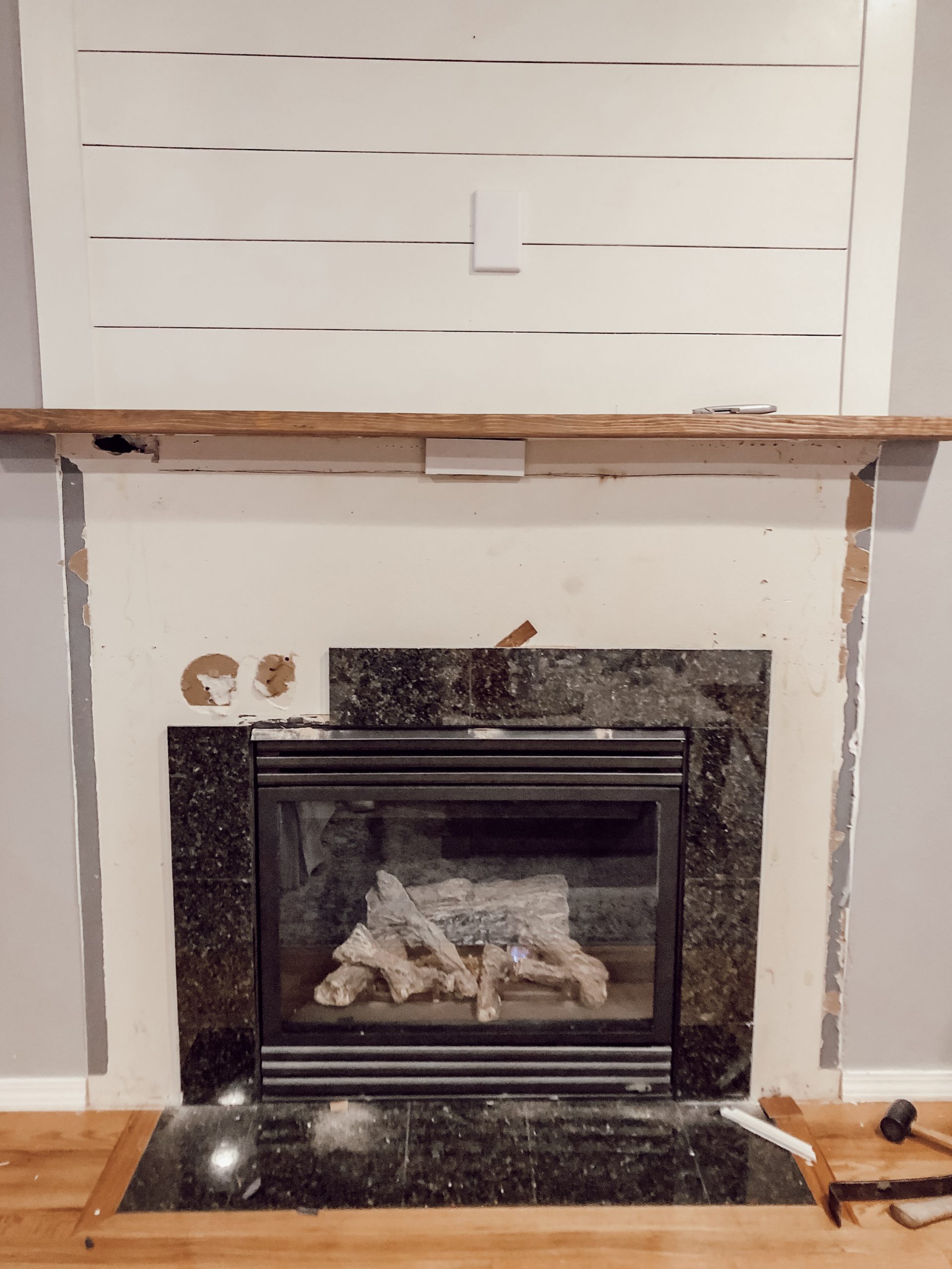 How to Build a DIY Brick Fireplace Hearth with a Shiplap Accent Wall ...