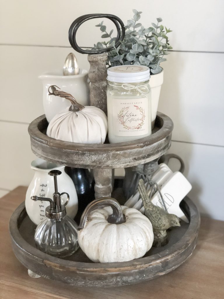 Fall Farmhouse Vignettes with Faux Pumpkins and Greens - Rain and Pine